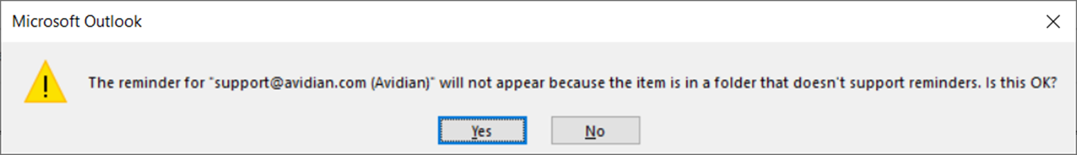 "Reminder will not appear ... folder that doesn't support reminders ...